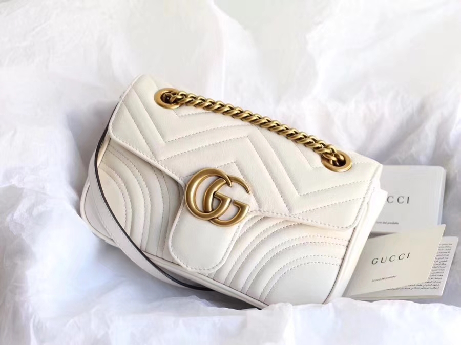 ID.171467|446744-wh-l|Gucci 秋冬立體方塊紋白色小牛皮GG Marmont鍊帶包